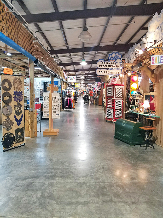 "Pennies From Heaven Collectibles" isn't just a booth—it's a time machine disguised as a retail space, complete with traffic lights and nostalgia. 