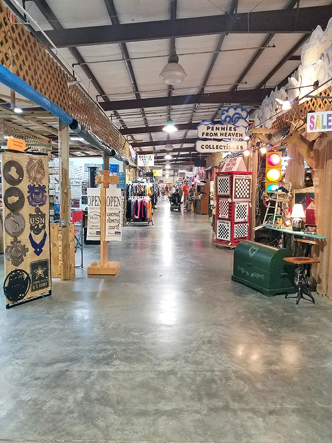"Pennies From Heaven Collectibles" isn't just a booth—it's a time machine disguised as a retail space, complete with traffic lights and nostalgia. 