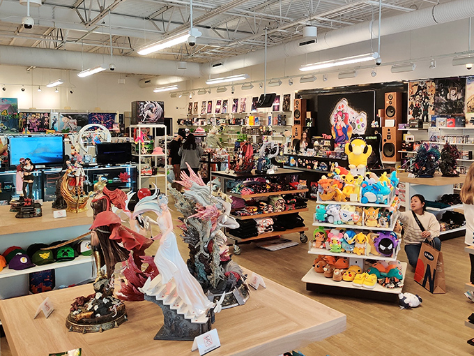 A collector's paradise where anime figures and plush characters stand guard over colorful displays, proving outlet shopping isn't just about clothes anymore.