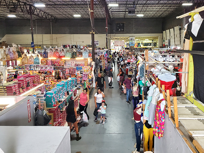 The indoor aisles stretch toward infinity, a retail galaxy where shoppers orbit around discoveries like planets around unexpected suns.