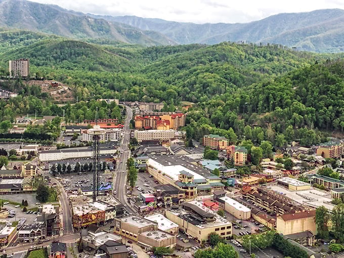 Gatlinburg from above reveals its perfect nestling spot between majestic Smoky Mountain ridges.