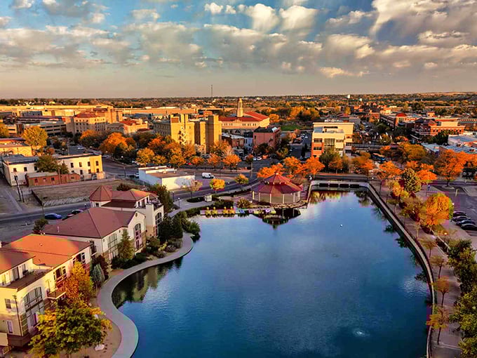 Pueblo's golden-hour glow transforms ordinary buildings into a sunset postcard—affordable living with million-dollar views.