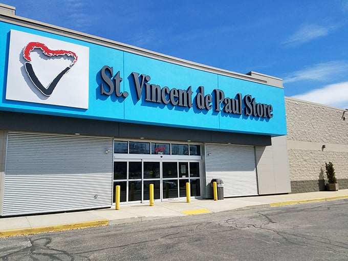 That iconic blue sign! St. Vincent de Paul's cheerful storefront stands out like a beacon for bargain lovers.