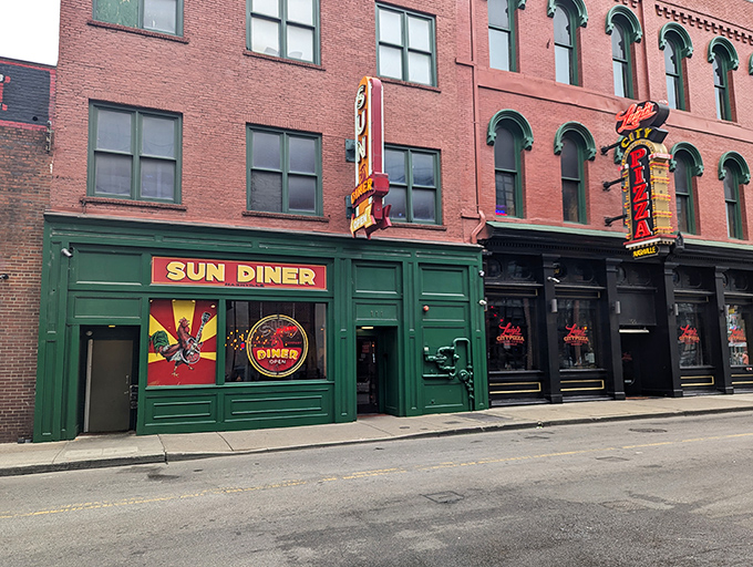 Sun Diner: Bright green storefront that stands out on Nashville's historic street like a rockabilly song in an opera.