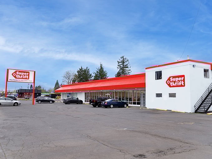 SuperThrift's bold red signage stands out like a beacon for bargain hunters on the thrifting highway.