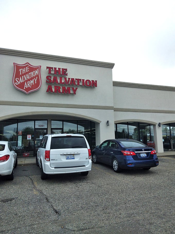 The Salvation Army's familiar shield promises both bargains and good karma. Two-for-one special on feeling great!