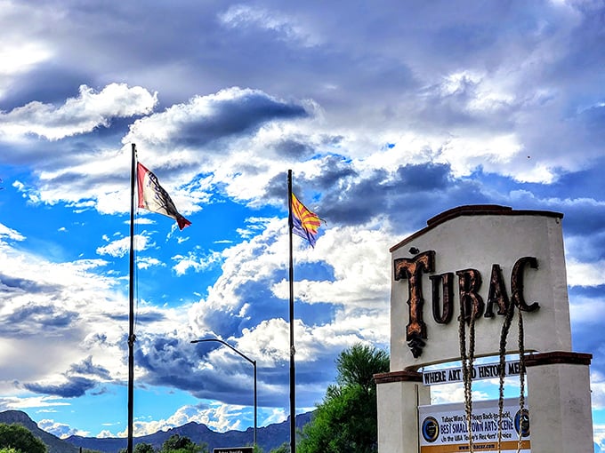 Tubac welcomes visitors with its iconic sign and big Arizona sky—the perfect prelude to its artistic treasures.