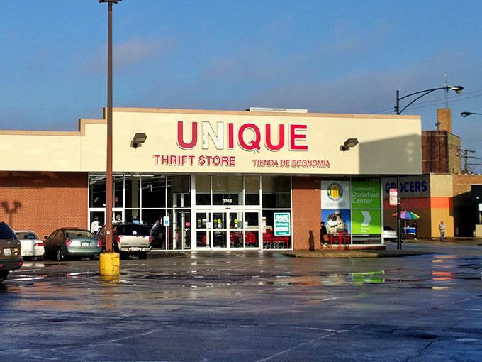 Unique Thrift Store's bold red signage promises exactly what it delivers – a truly unique shopping adventure in Chicago's Avondale neighborhood.