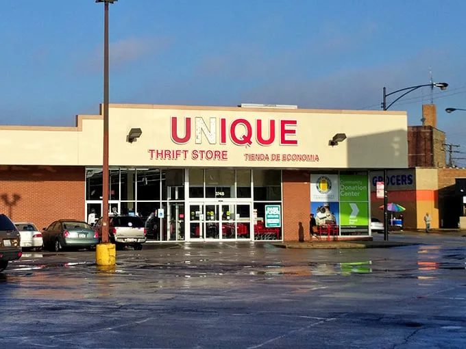 Unique Thrift Store's bold red signage promises exactly what it delivers – a truly unique shopping adventure in Chicago's Avondale neighborhood.