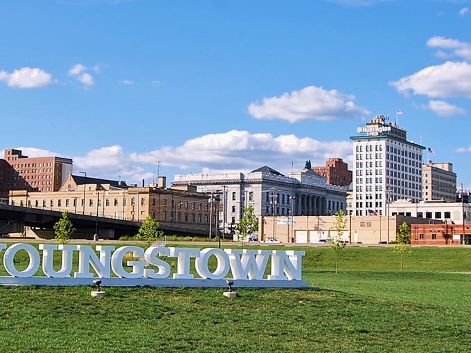 Youngstown announces itself with pride through this grassy installation. The city's skyline creates a perfect backdrop for this oversized welcome mat.