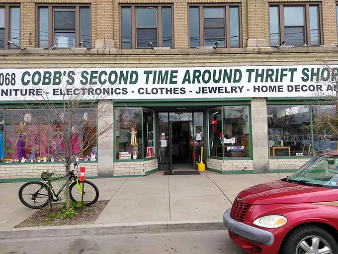 That classic storefront isn't just charming—it's practically announcing "Serious vintage finds inside!" Bicycle optional.