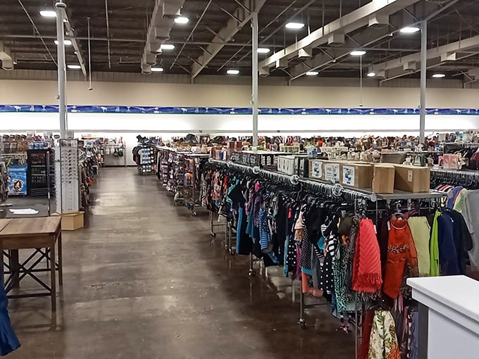 Inside Goodwill's cavernous space, racks of potential treasures await their next chapter. The thrill of the hunt begins here!