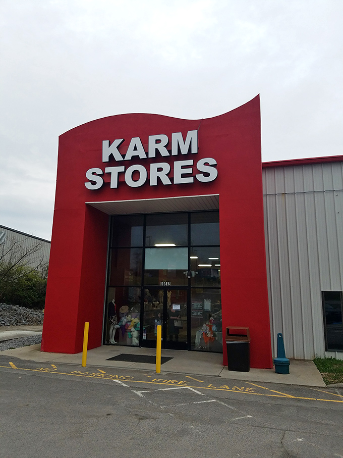 Grand entrance to thrift paradise! KARM's bold red facade welcomes shoppers to a world where every purchase helps the community.