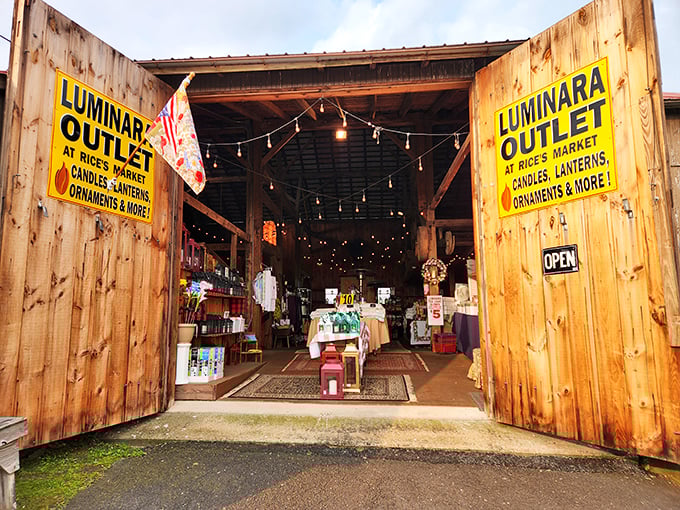 Rustic charm meets retail therapy! Rice's Market wooden barn doors welcome treasure hunters to a world of luminous possibilities.