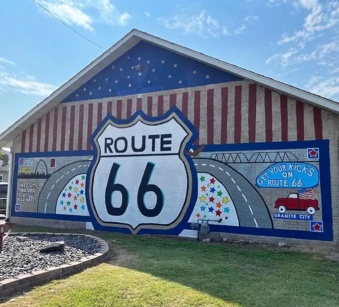 Stars, stripes, and that iconic shield—Route 66 Flea Market wears its Americana heart proudly on its wall.