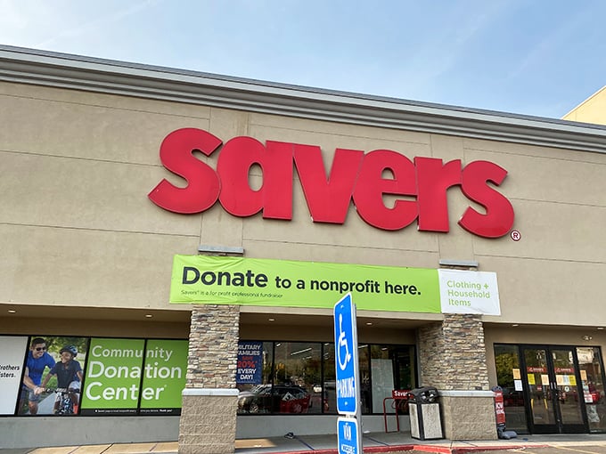 "Donate!" proclaims the banner, reminding us that thrifting's circle of life begins with generosity and ends with discovery.