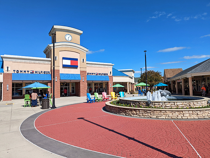 Those colorful Adirondack chairs aren't just for show – they're strategic resting spots for when your shopping bags outweigh your arms.