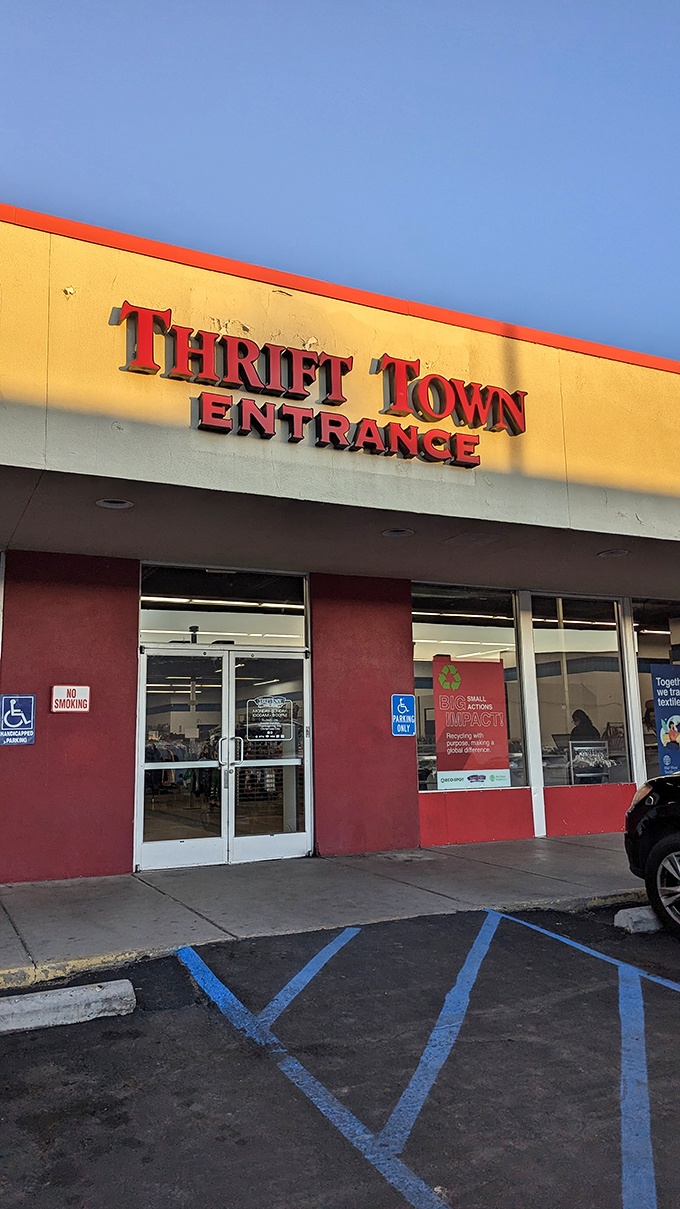 Thrift Town Entrance" – three words that promise adventure. The red trim practically shouts "bargains inside!" 