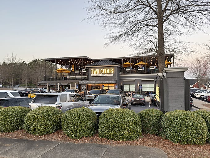 The parking lot view of Two Cities Pizza Co. reveals its impressive scale. Like the pizzas inside, this place doesn't do anything small!
