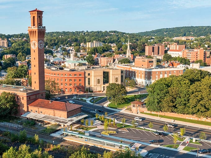 The iconic clock tower rises above Waterbury's cityscape, a timeless landmark in this affordable Connecticut gem.
