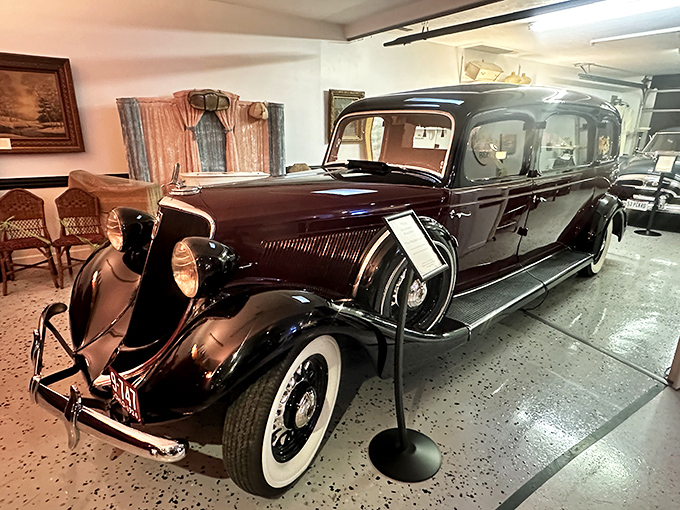 This gleaming 1935 Studebaker hearse represents the transition from horse-drawn to motorized funeral transport—Detroit's answer to the grim reaper's chariot.
