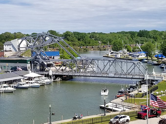 The iconic lift bridge performs its mechanical ballet daily, a working testament to engineering that's both practical and unexpectedly photogenic.