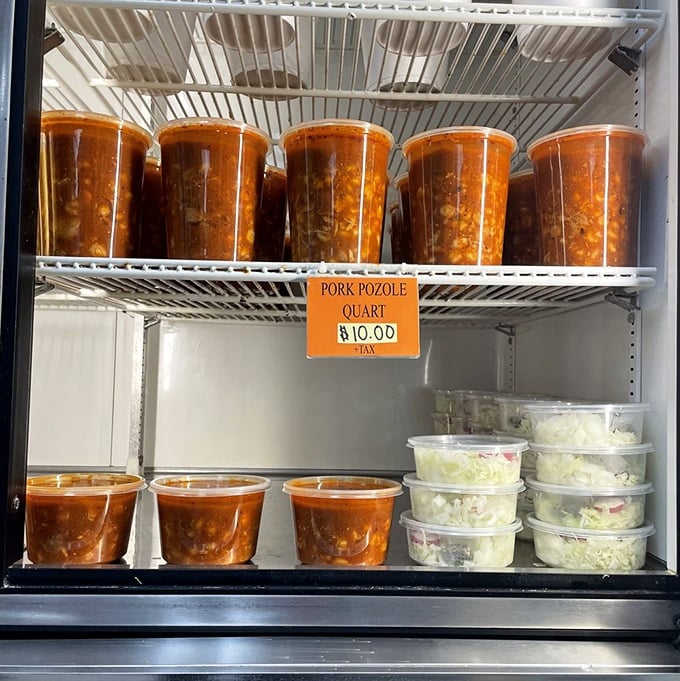 Pozole that could heal whatever ails you. These containers hold liquid gold—the kind of soup that grandmothers worldwide would approve of.