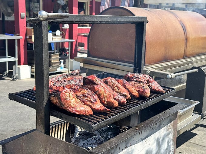 Meat theater at its finest—these tri-tips sizzle and smoke their way to perfection while you watch, anticipation building with every waft.