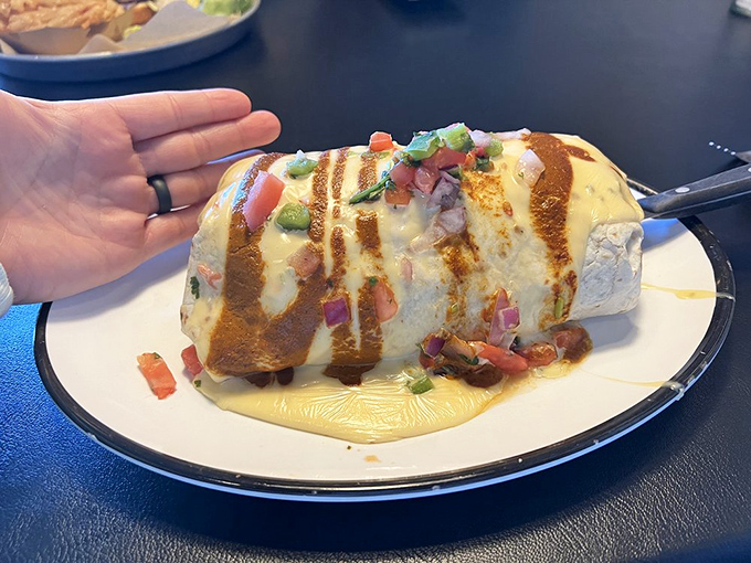 This breakfast burrito isn't just big—it's Nebraska big. The kind of meal that makes you wonder if you'll need dinner... or lunch tomorrow.