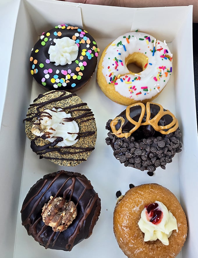 A box of edible art – each donut a masterpiece of flavor architecture, from chocolate-dipped masterpieces to cream-filled wonders.