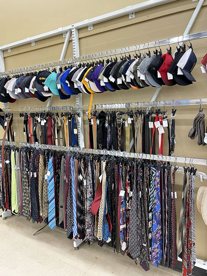 The necktie jungle and baseball cap forest—where yesterday's power lunch accessories become tomorrow's vintage statement pieces.
