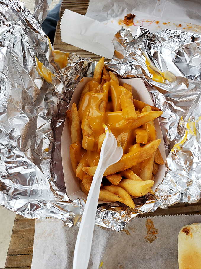 Golden, crispy fries swimming in molten cheese – proof that sometimes the simplest combination creates the most profound happiness.
