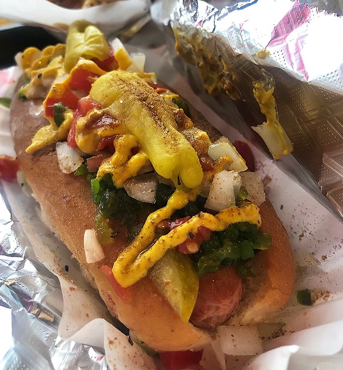 This isn't just a hot dog—it's a masterpiece of toppings architecture, where mustard, relish, and onions perform a flavor symphony in every bite.