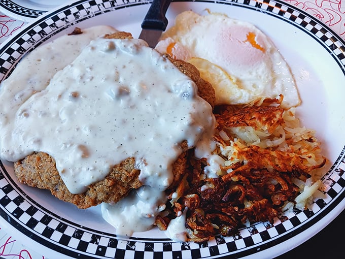 Behold the star attraction: chicken fried steak smothered in gravy so good you'll want to write home about it—if you can lift your fork.