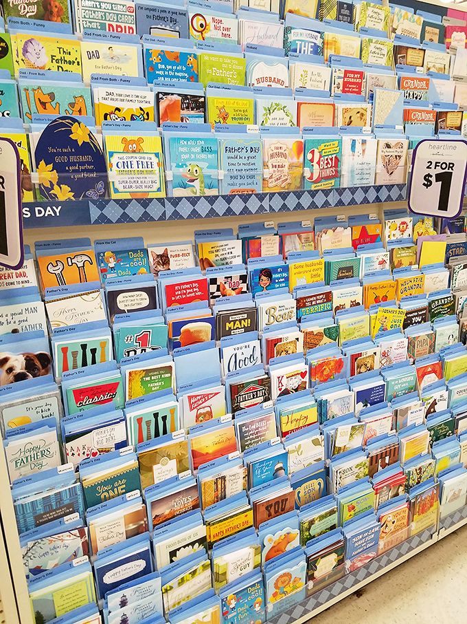 A kaleidoscope of greeting cards for every occasion imaginable. When Hallmark meets bargain hunting—emotional expression without the financial guilt.