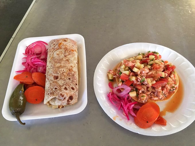 The perfect marriage: a burrito with char-spotted tortilla alongside a vibrant tostada that's practically doing a flavor salsa dance.