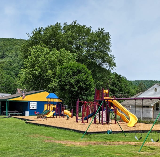 Neighborhood playgrounds in Emporium offer childhood joys with mountain backdrops—no app downloads or subscription fees required.