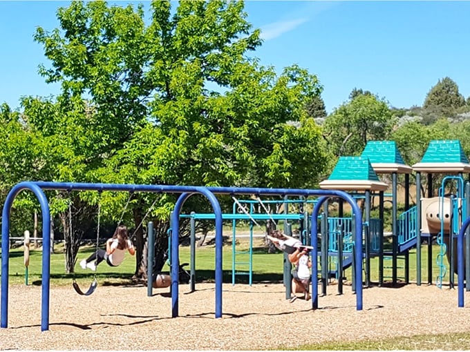 Childhood laughter echoes across this vibrant playground where generations of Klamath Falls kids have conquered jungle gyms under the watchful gaze of ponderosa pines.