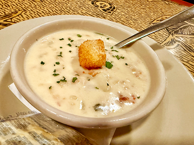 The holy grail itself—creamy New England clam chowder topped with a golden crouton. This bowl of comfort is what seafood dreams and return visits are made of.