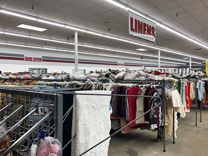 The LINENS section: where your grandmother's tablecloth and your next Halloween costume peacefully coexist in textile harmony.