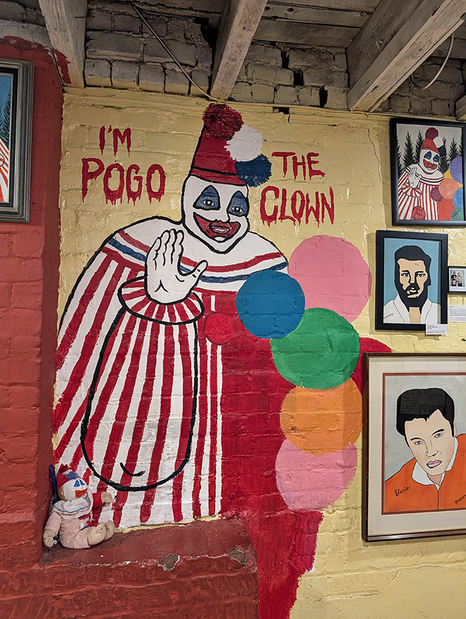 Meet Pogo the Clown, whose cheerful wave belies his sinister backstory. Nothing says "sweet dreams tonight" quite like vintage carnival art with a dark twist.