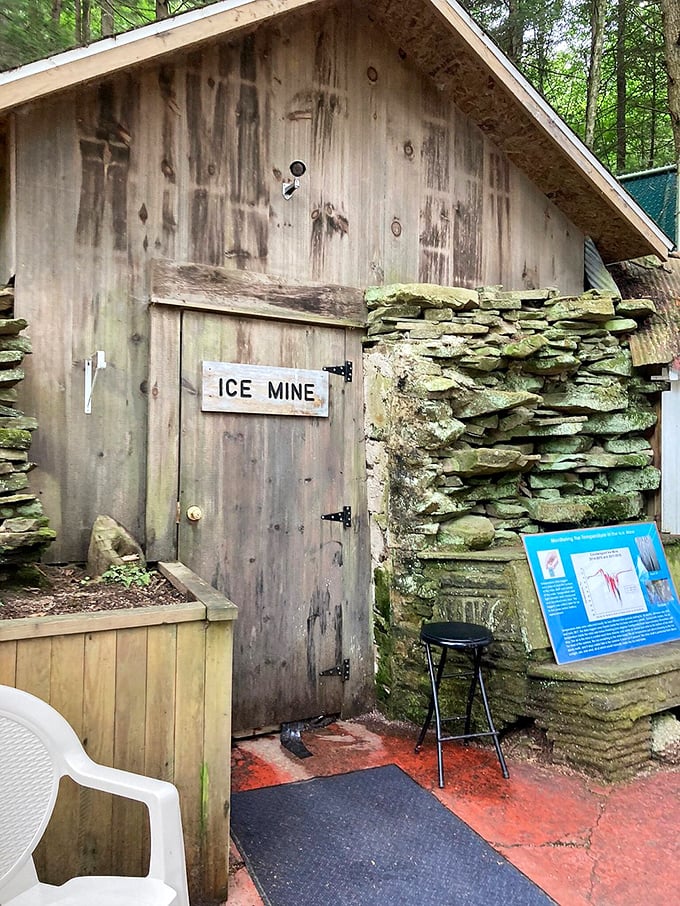 The Coudersport Ice Mine – where physics takes a vacation. This wooden entrance guards a natural phenomenon that produces ice in summer and melts in winter.