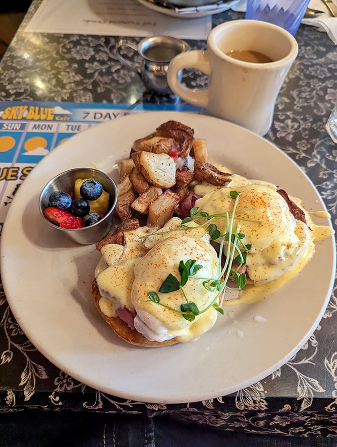 Eggs Benedict done right: perfectly poached eggs, silky hollandaise, and home fries that could make a potato farmer weep with pride.