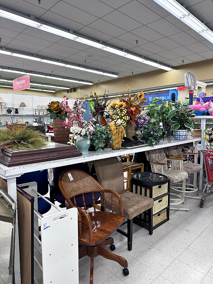 Nature meets nostalgia in the home décor section, where artificial flowers never die and vintage furniture whispers stories of dinner parties past.