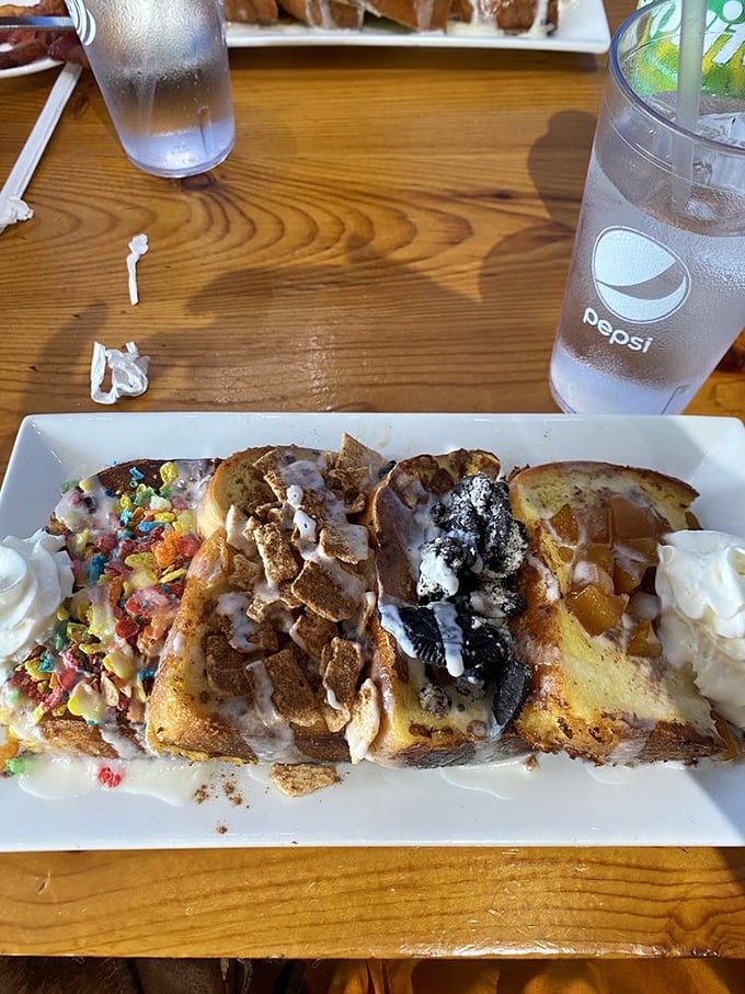Behold the French toast flight—a breakfast sampler that lets you tour multiple flavor countries without leaving your seat.