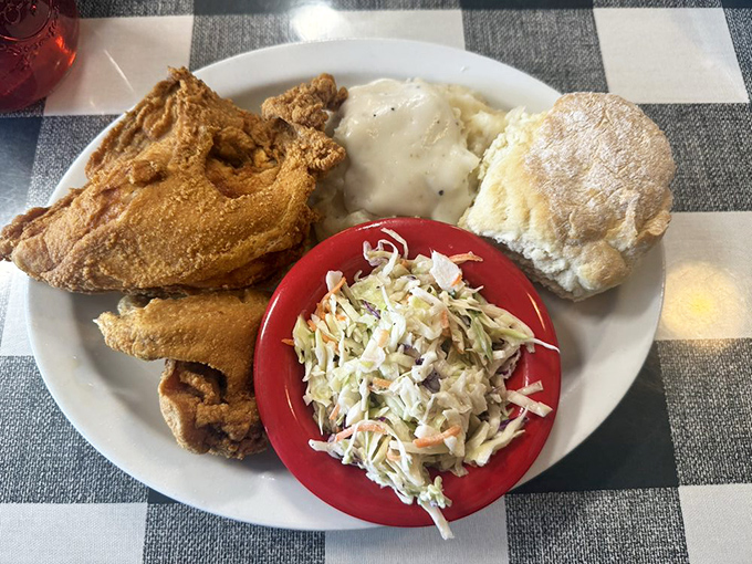 Golden-brown chicken that could make Colonel Sanders weep with envy, served with sides that understand their supporting role in this delicious drama.