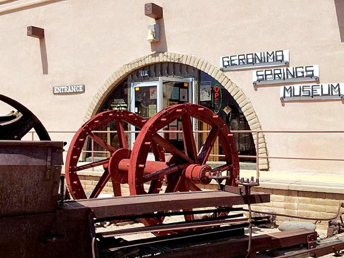 The Geronimo Springs Museum entrance, complete with vintage machinery, offers a portal to the region's fascinating past.