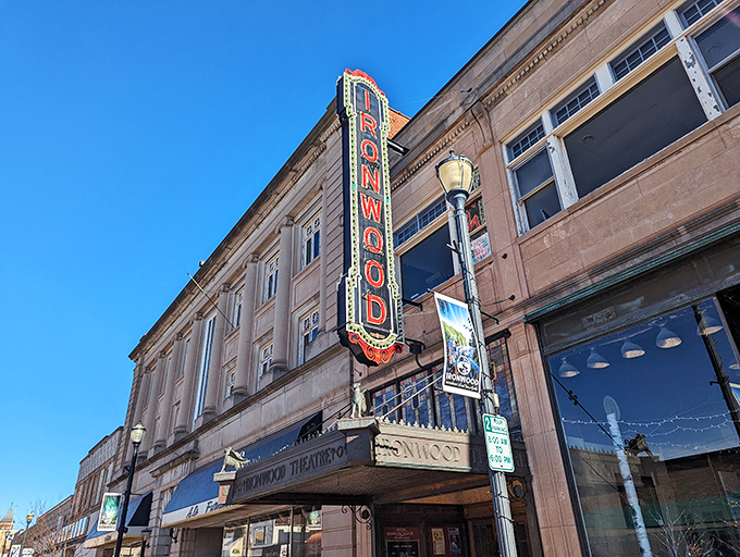The Historic Ironwood Theatre's vintage marquee promises entertainment the old-fashioned way—no streaming service required for this authentic experience.