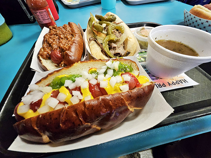 A tray of joy featuring colorful hot dog creations that prove the humble frankfurter can indeed wear many hats—all of them delicious.