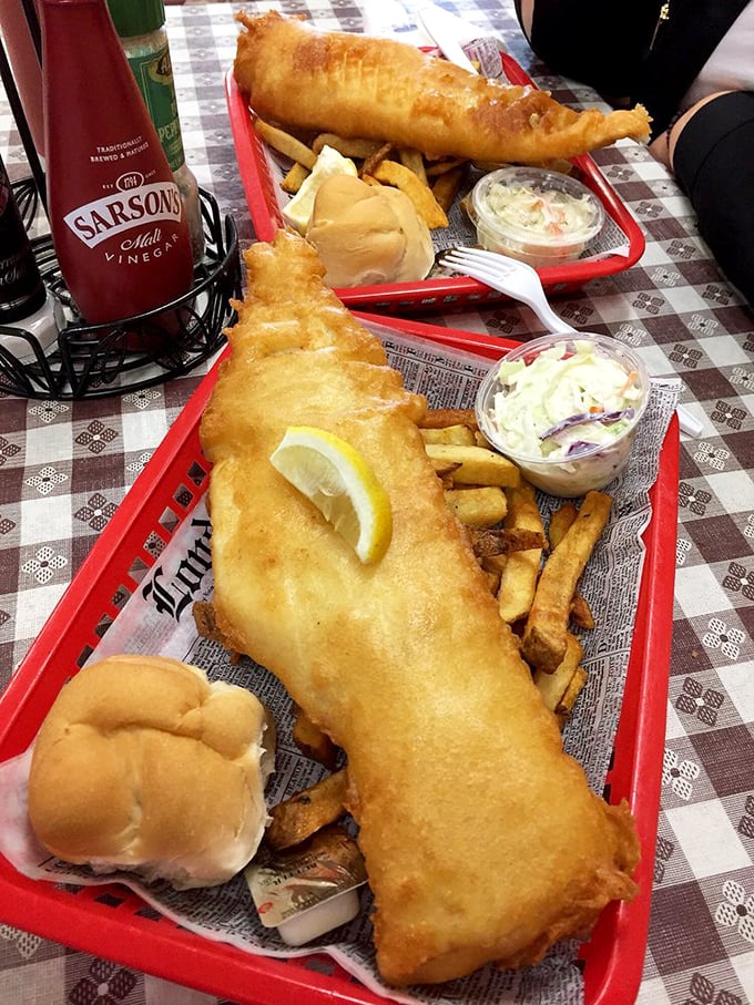 The King Fish 'n Chips doesn't just earn its royal title—it demands a curtsy. Golden-battered cod lounging majestically atop hand-cut chips with coleslaw standing guard.